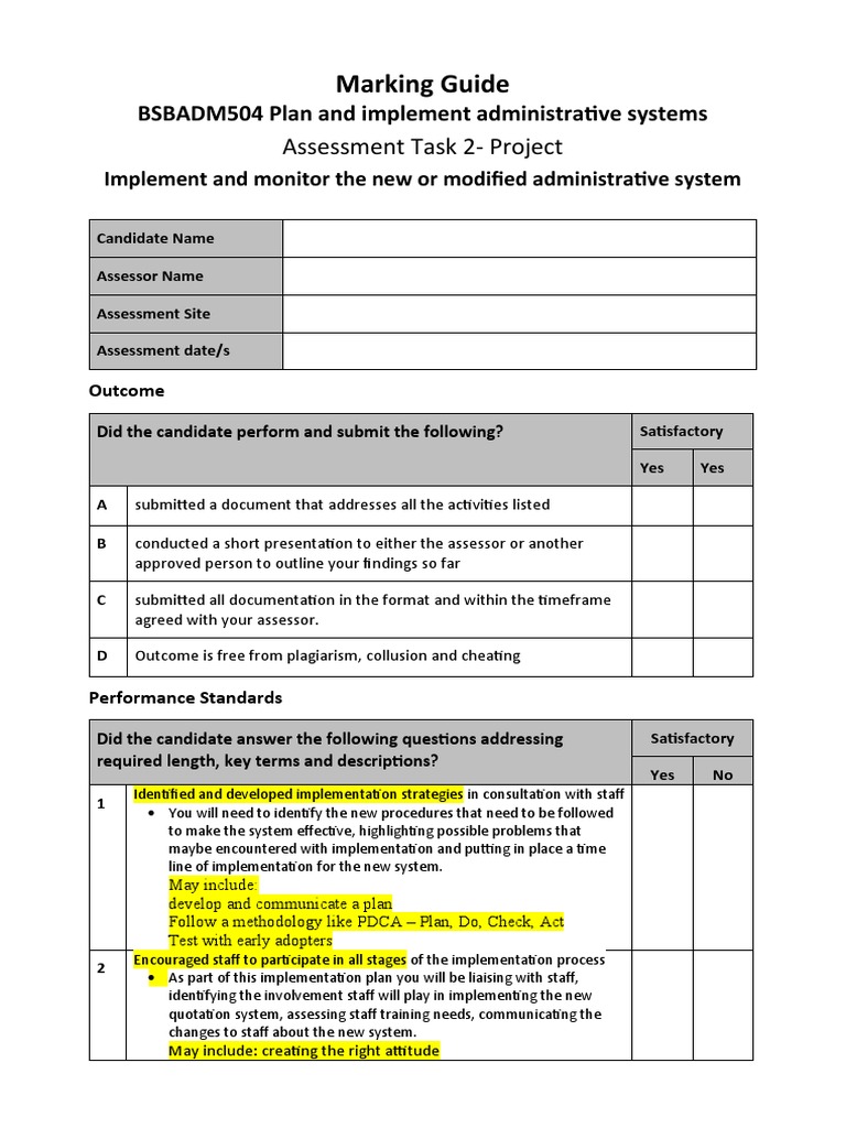 BSBADM504 Assessment Task 2 Marking Checklist | PDF | System | Risk