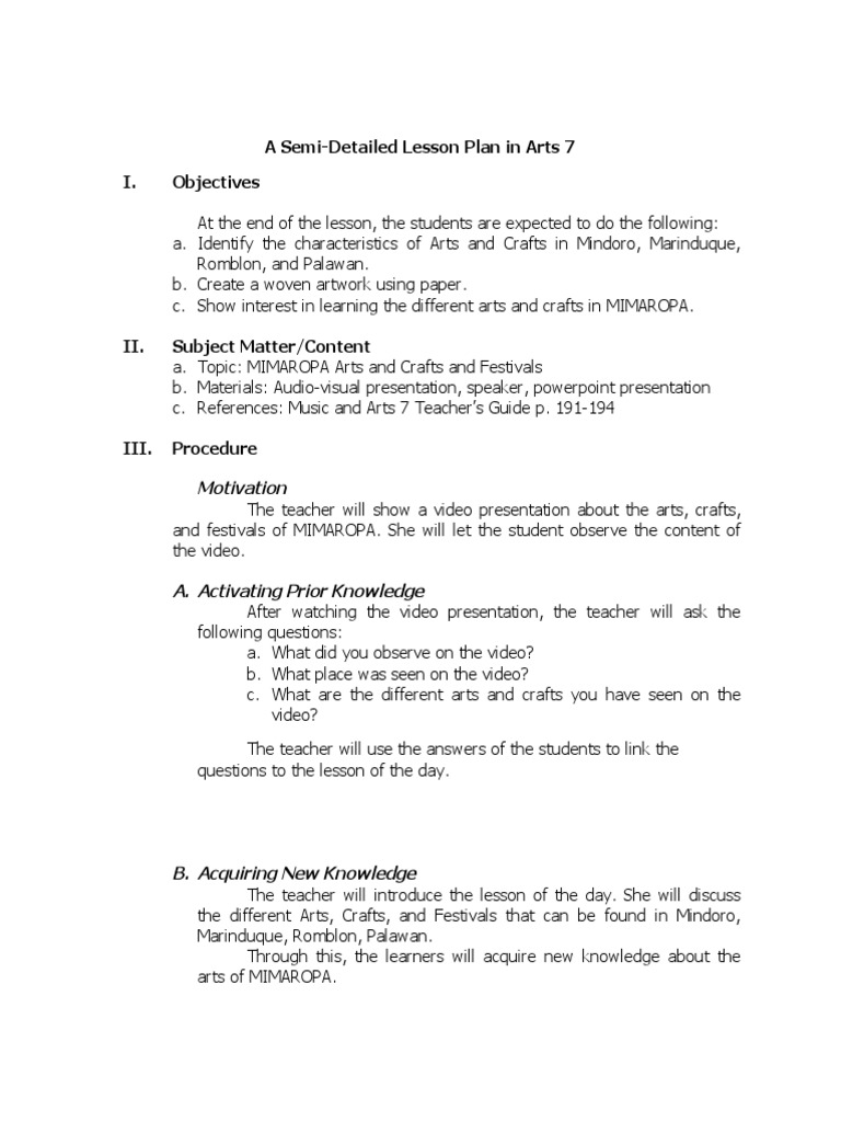 Lesson Plan #14 (Arts, Crafts and Festivals of MIMAROPA) | PDF | Lesson ...