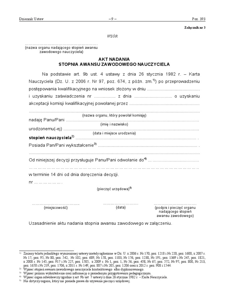 Akt Nadania Stopnia Awansu Zawodowego Nauczyciela: Dziennik Ustaw - 9 - Poz. 393 | PDF