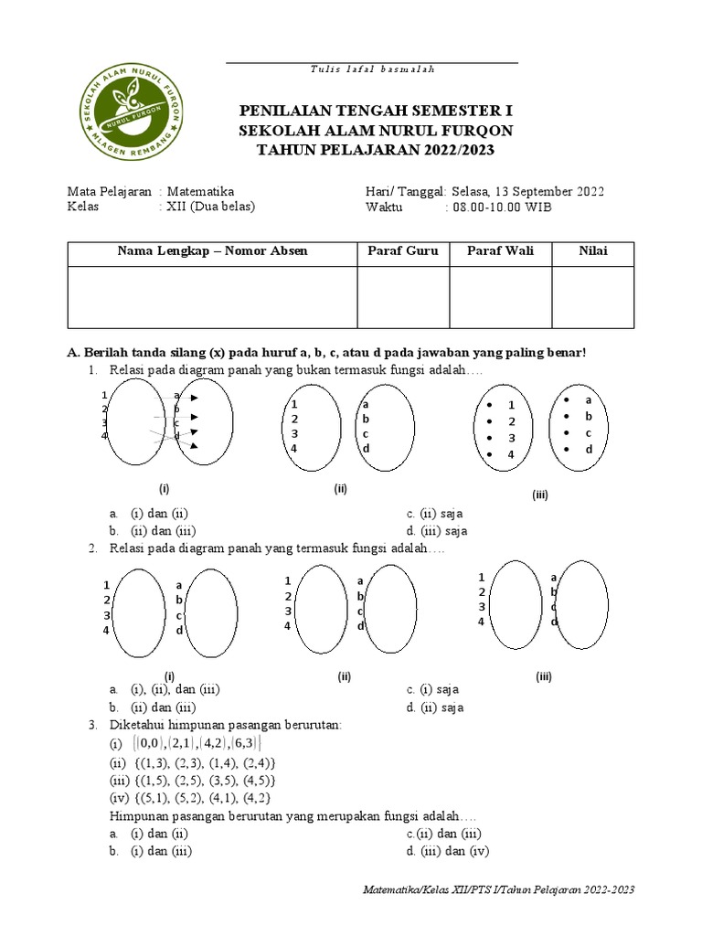 Soal PTS MTK Kelas XII 2022-2023 | PDF