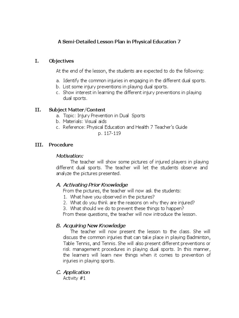 Injury Prevention in Dual Sports | PDF | Lesson Plan | Teachers