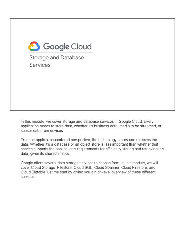 Google Cloud Storage & Database Services | PDF | Computer Data Storage | Cloud Computing
