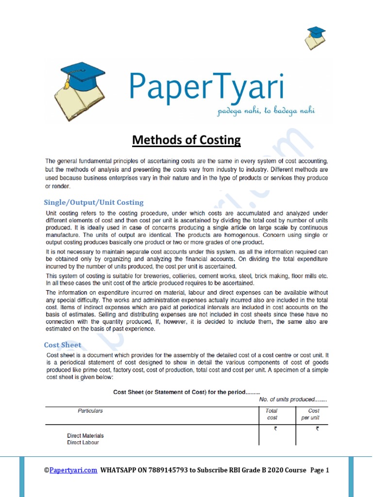 03 Methods of Costing - Single Output Unit Costing | PDF | Business ...