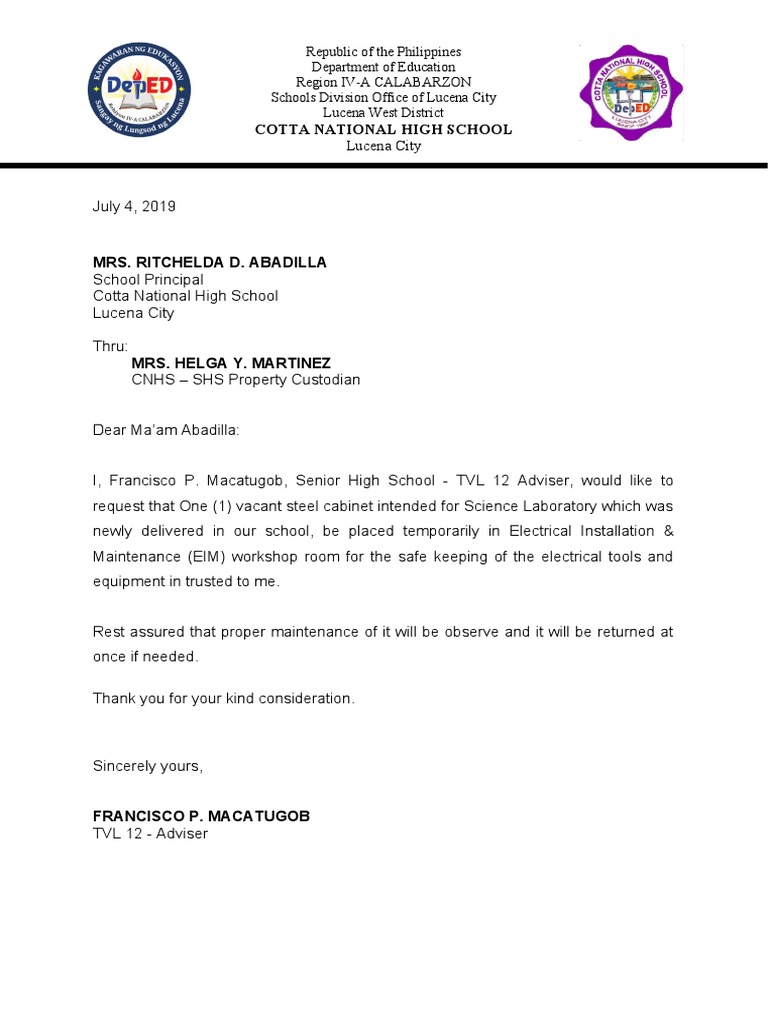 Request Letter - For Steel Cabinet (Workshop) | PDF