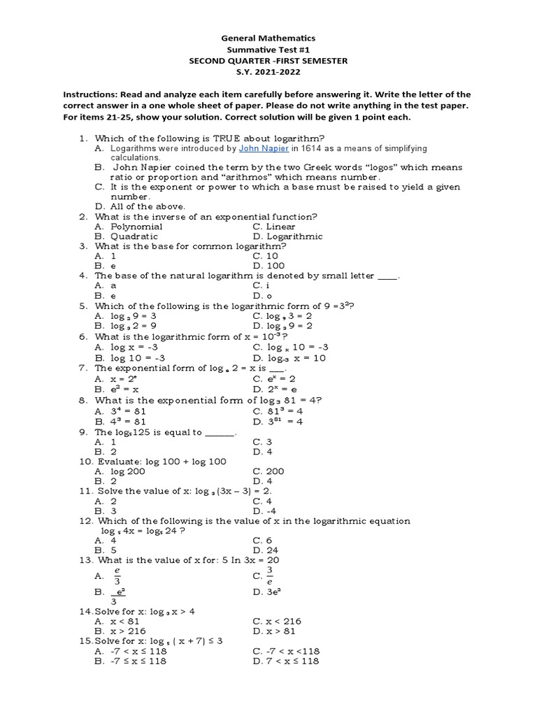 Summative Test 1 Q2 Gen Math | PDF | Logarithm | Arithmetic