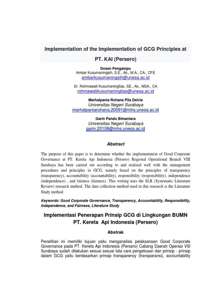 Implementation of The Implementation of GCG Principles at PT. KAI ...
