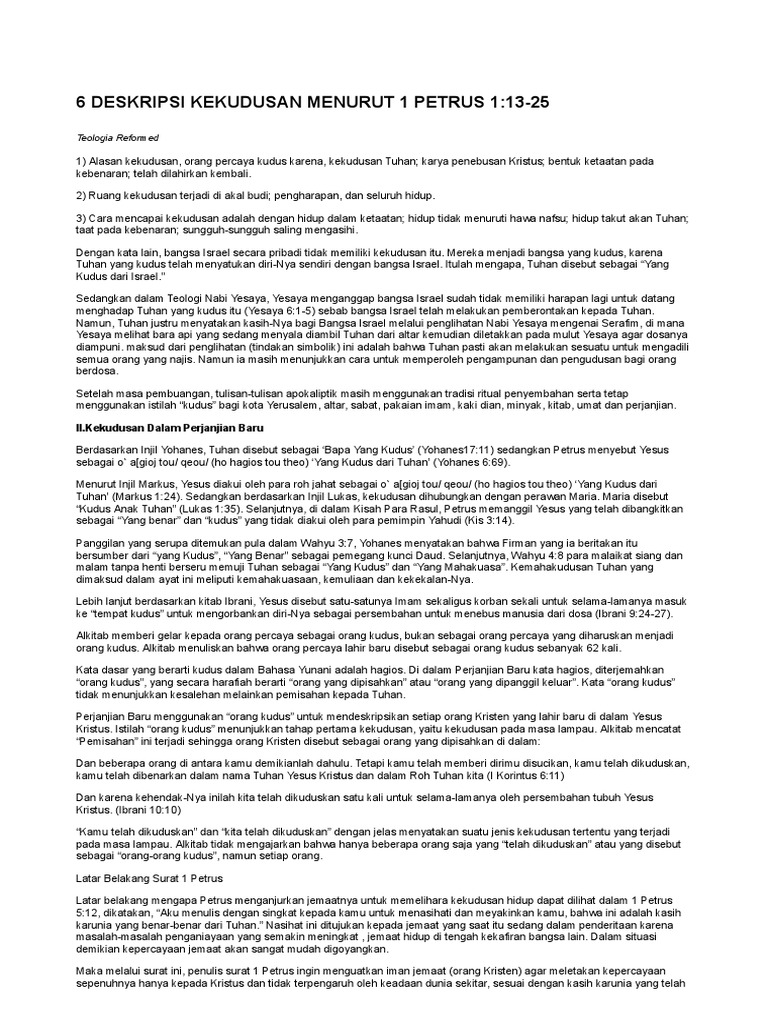 6 Deskripsi Kekudusan Menurut 1 Petrus 1 13-25 - Teologia Reformed | PDF