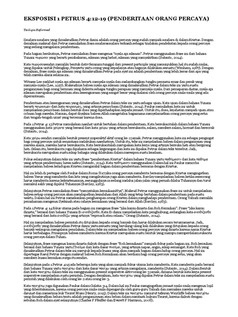 Eksposisi 1 Petrus 4 12-19 (Penderitaan Orang Percaya) - Teologia Reformed | PDF