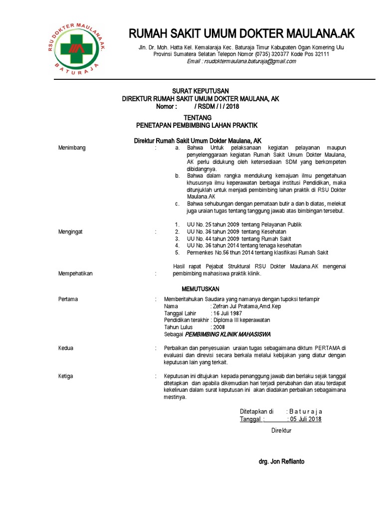 Contoh SK Pembimbing Lahan Praktik | PDF