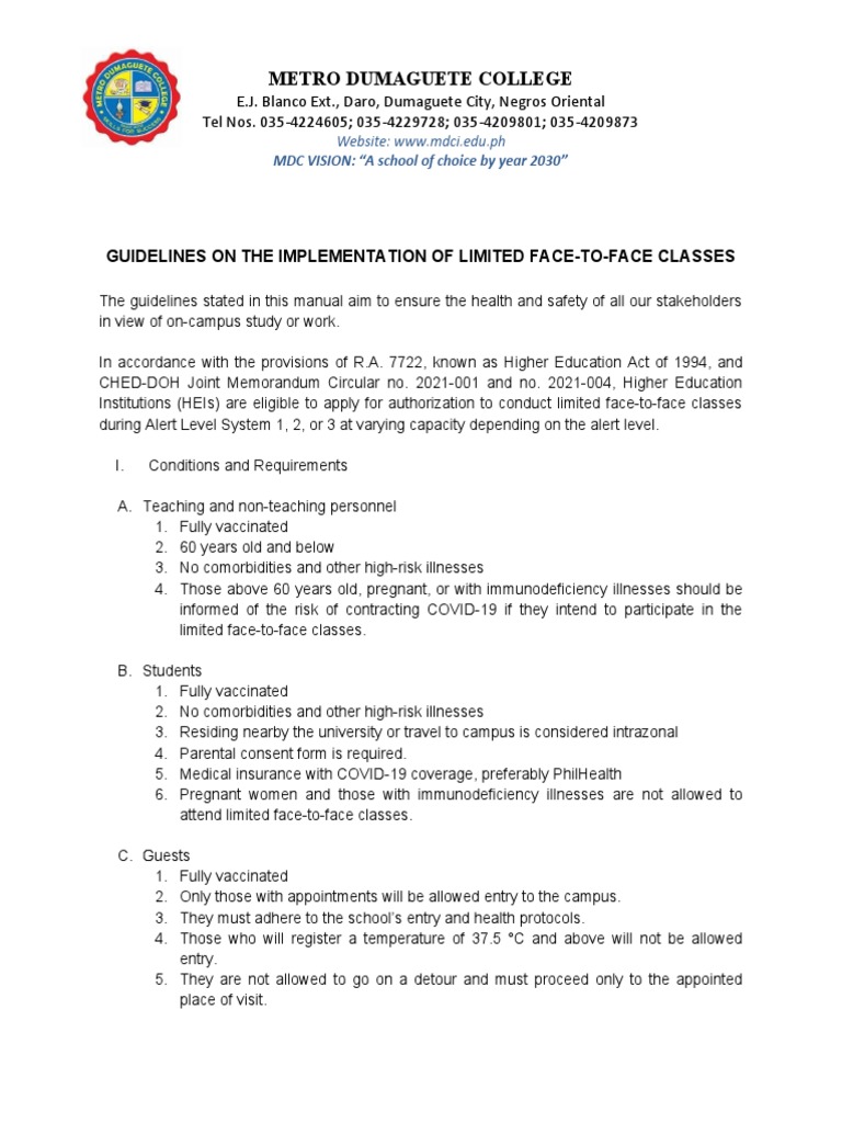 MDC Guidelines On The Implementation of Limited F2F Classes | PDF ...