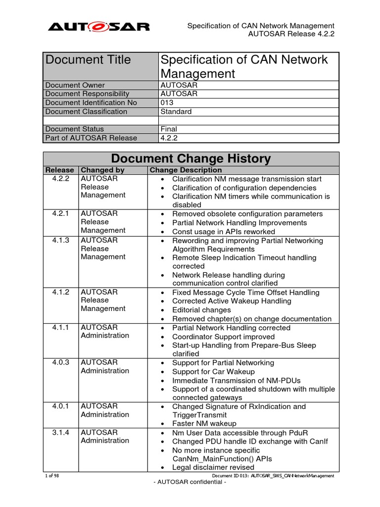 AUTOSAR SWS CANNetworkManagement | PDF | Specification (Technical Standard) | Computer Network