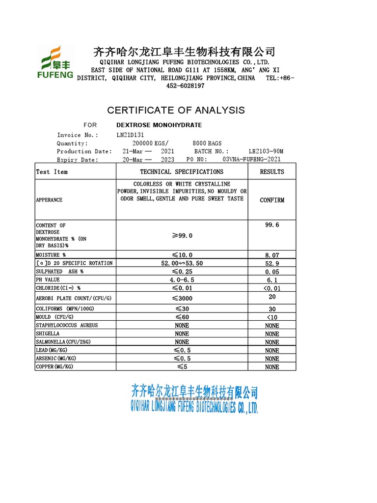 COA Dextrose Mono LE2103-90M | PDF