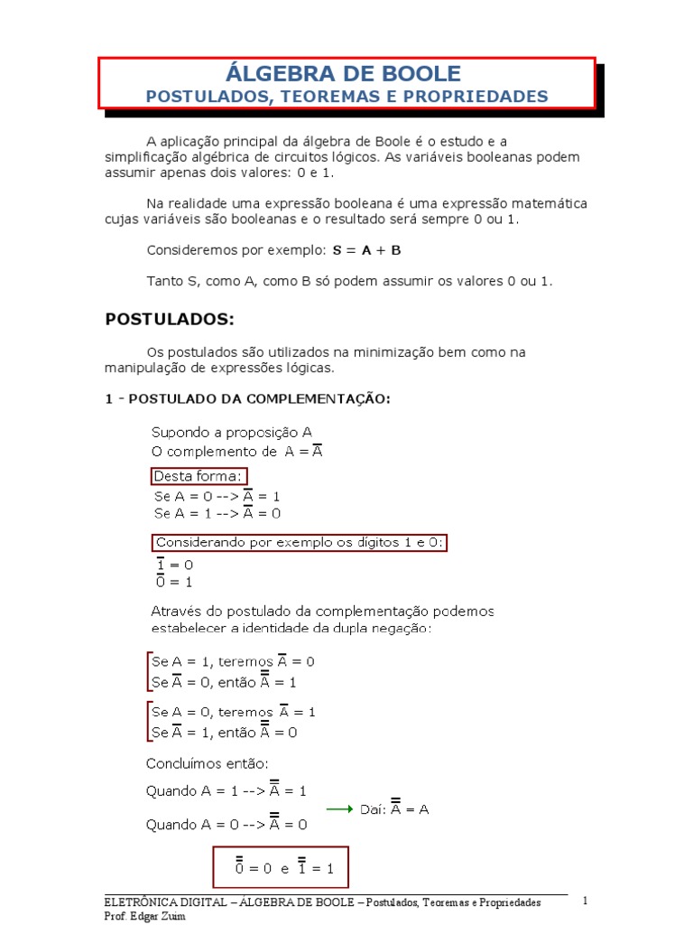 Algebra de Boole-Postulados e Des | PDF | Axioma | Álgebra
