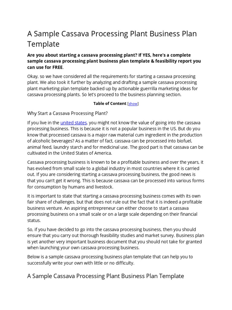 A Sample Cassava Processing Plant Business Plan Template | PDF ...