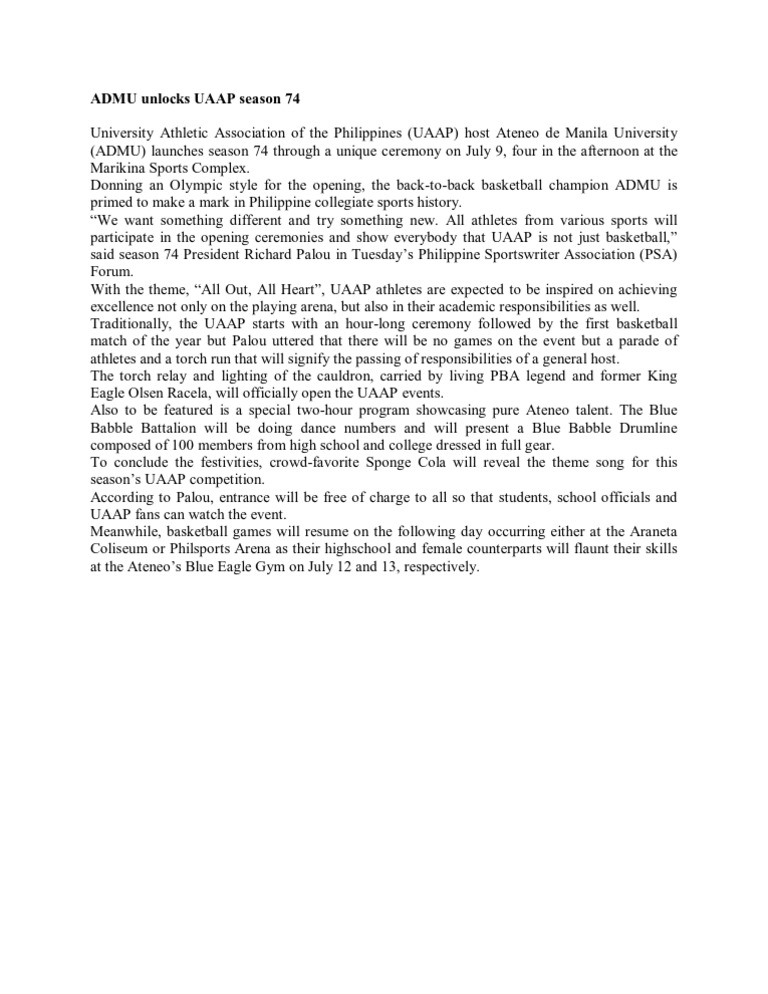 Admu Unlocks Uaap '74 | PDF