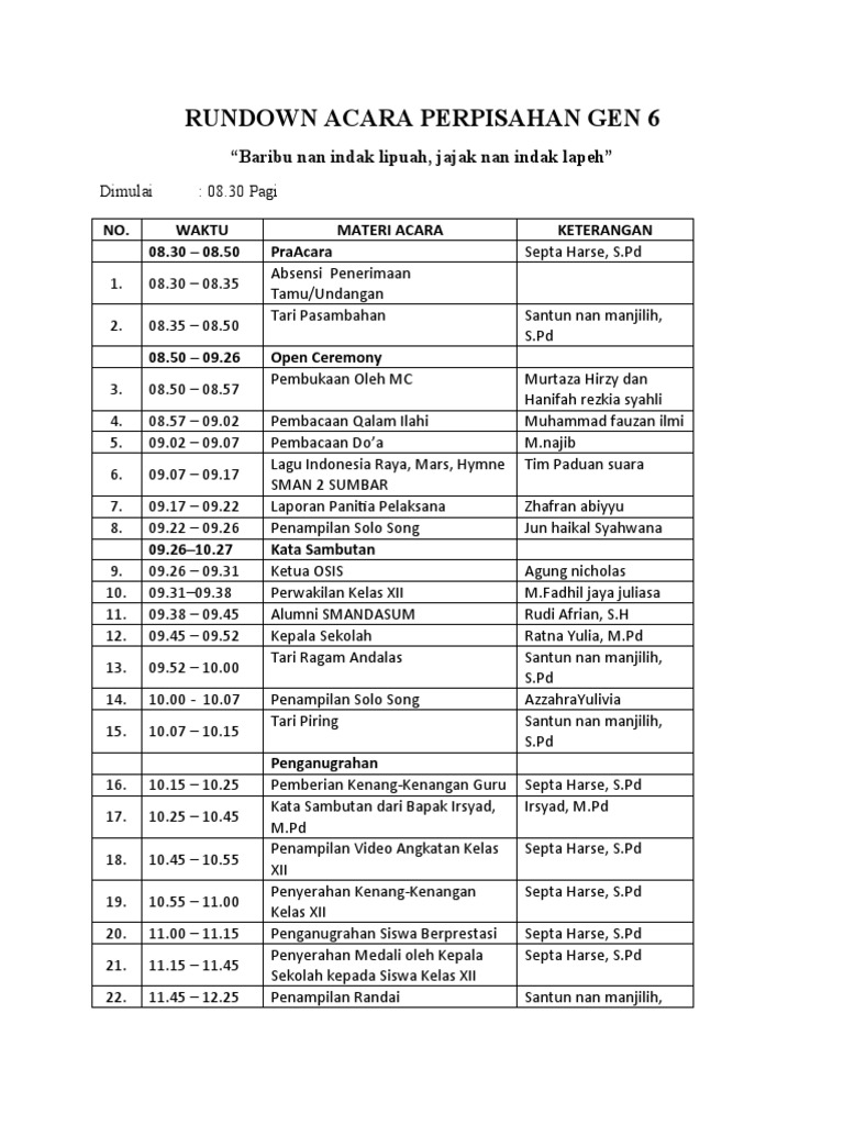 Rundown Acara Perpisahan Gen 6 | PDF