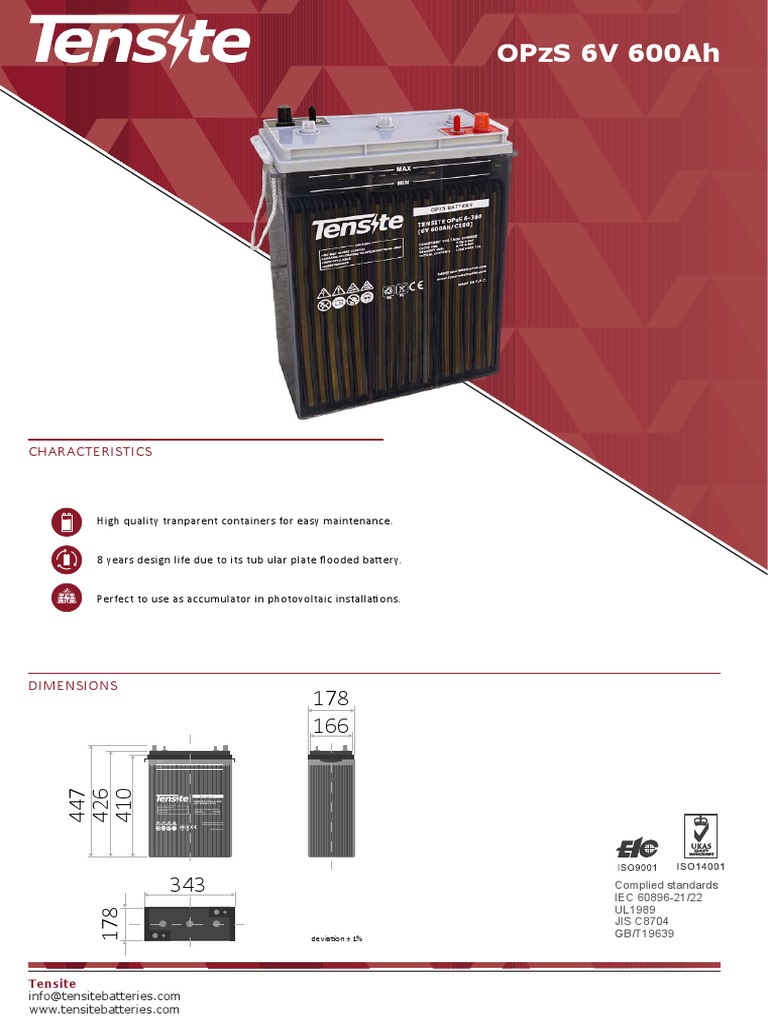 Datasheet Tensite Batteries Opzs 6v 600ah | PDF | Energy Technology ...
