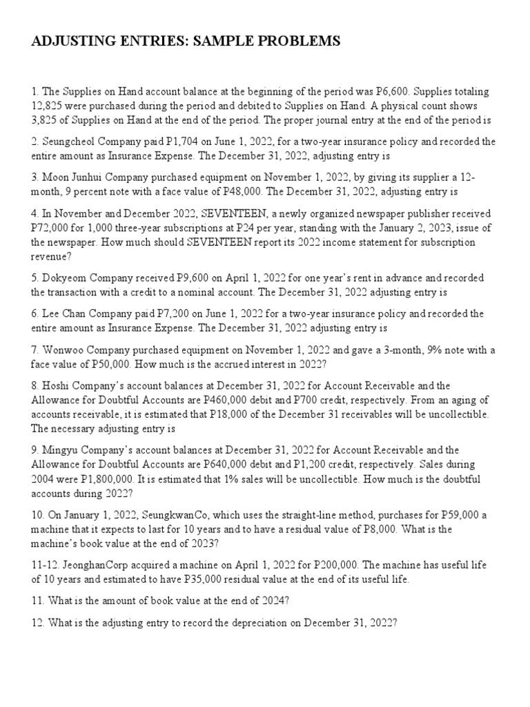 Adjusting Entries Sample Problems | PDF | Bad Debt | Debits And Credits