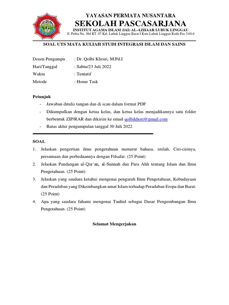 Soal Uas Mata Kuliah Studi Integrasi Islam Dan Sains 2022 | PDF
