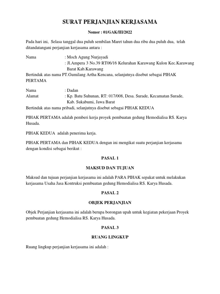 Surat Perjanjian Kerjasama Pa Dadan Borongan Upah | PDF