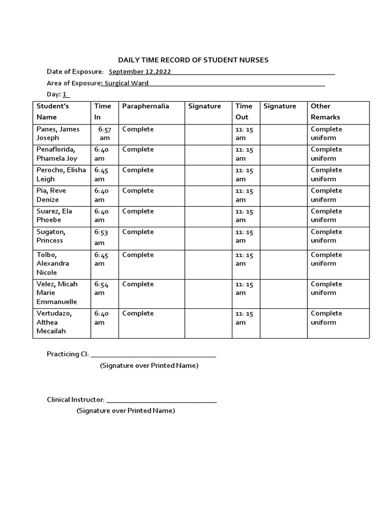 DAILY TIME RECORD OF STUDENT NURSES Day 1 | PDF