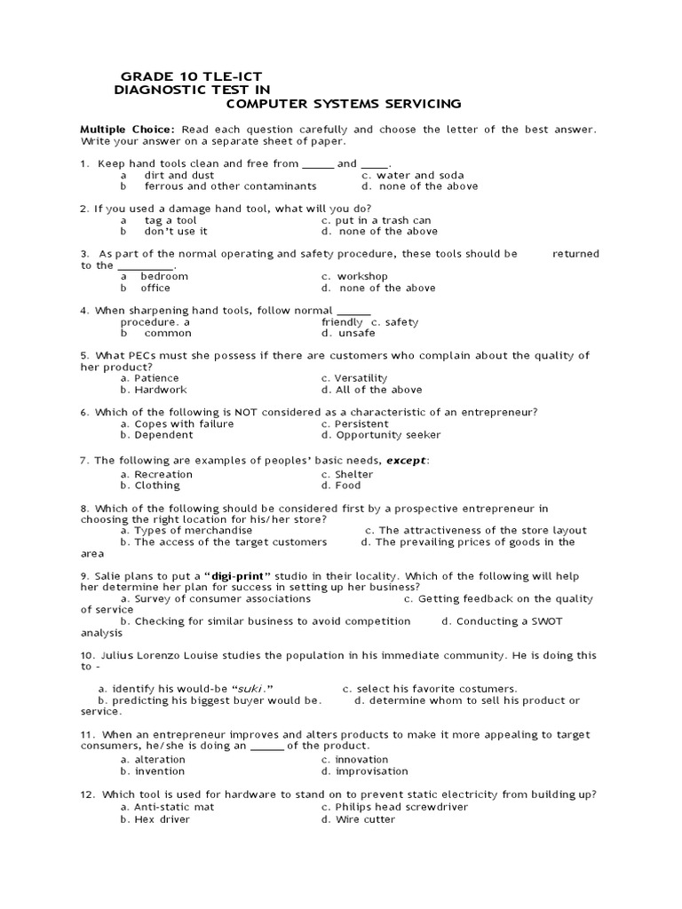 Diagnostic Grade 10 Tle CSS | PDF | Floppy Disk | Computer Network