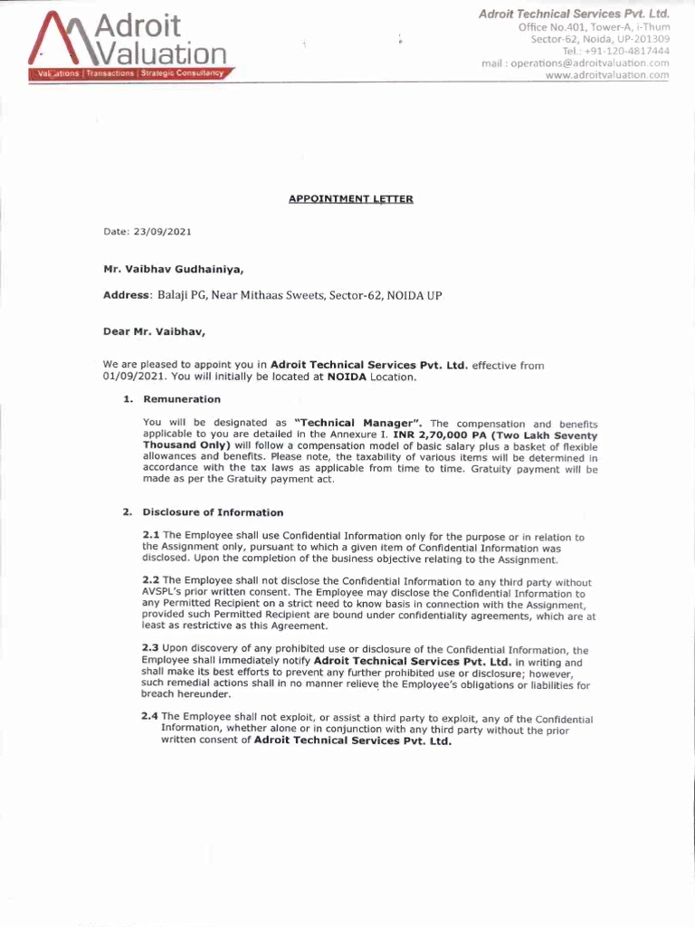 Appointment Letter - Vaibhav | PDF