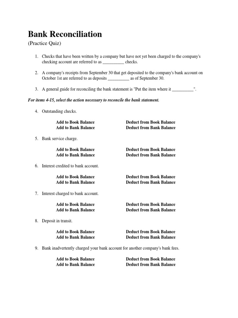 Bank Reconciliation (Practice Quiz) | PDF | Banks | Cheque