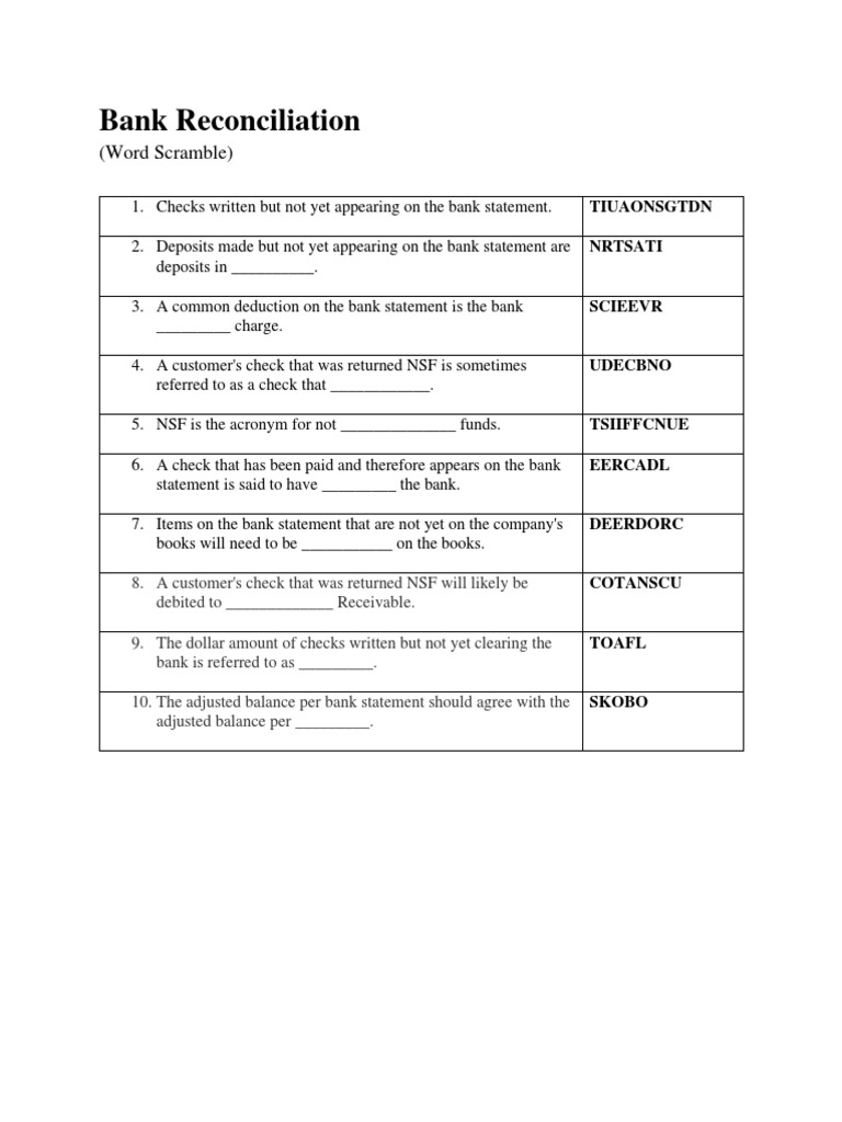 Bank Reconciliation Word Scramble | PDF
