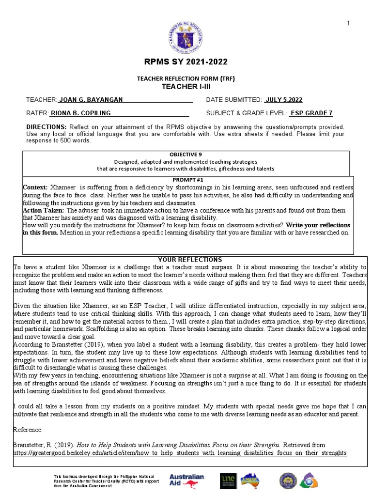 Teacher-Reflection-Form-COT-1 | PDF | Learning | Intellectual Giftedness