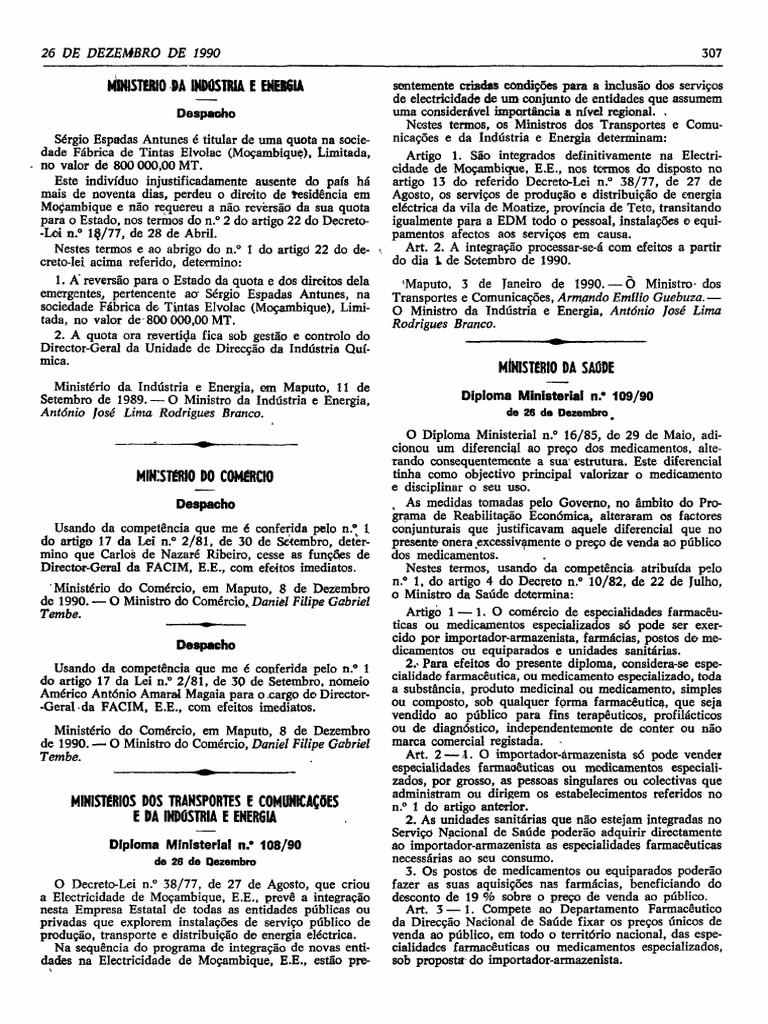 Diploma Ministerial. 109.90 de 26 de Dezembro. Estrutura de Precos | PDF