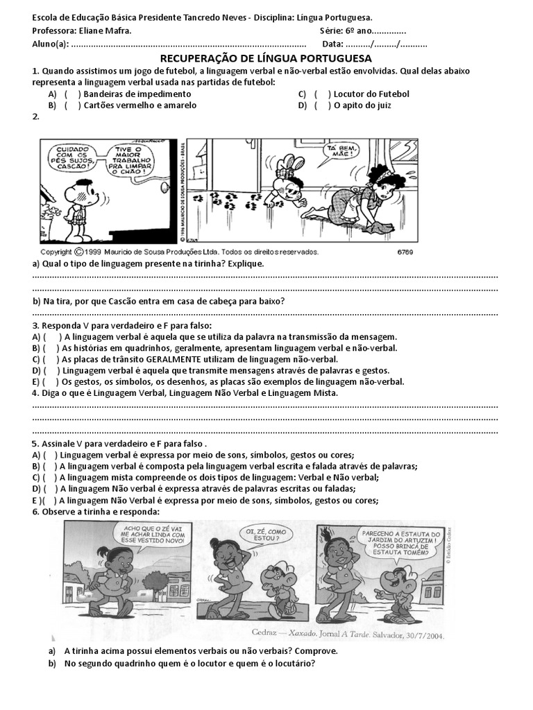 Recuperação 6º Ano Linguagem Verbal e Interlocutores | PDF ...