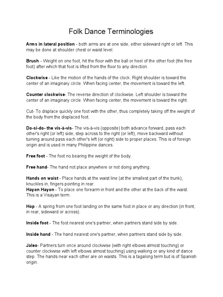 Folk Dance Terminologies Written Work | PDF | Foot | Hand