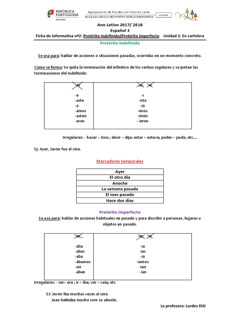Ficha Inf.2 - Pretérito Indefinido - Pretérito Imperfecto | PDF