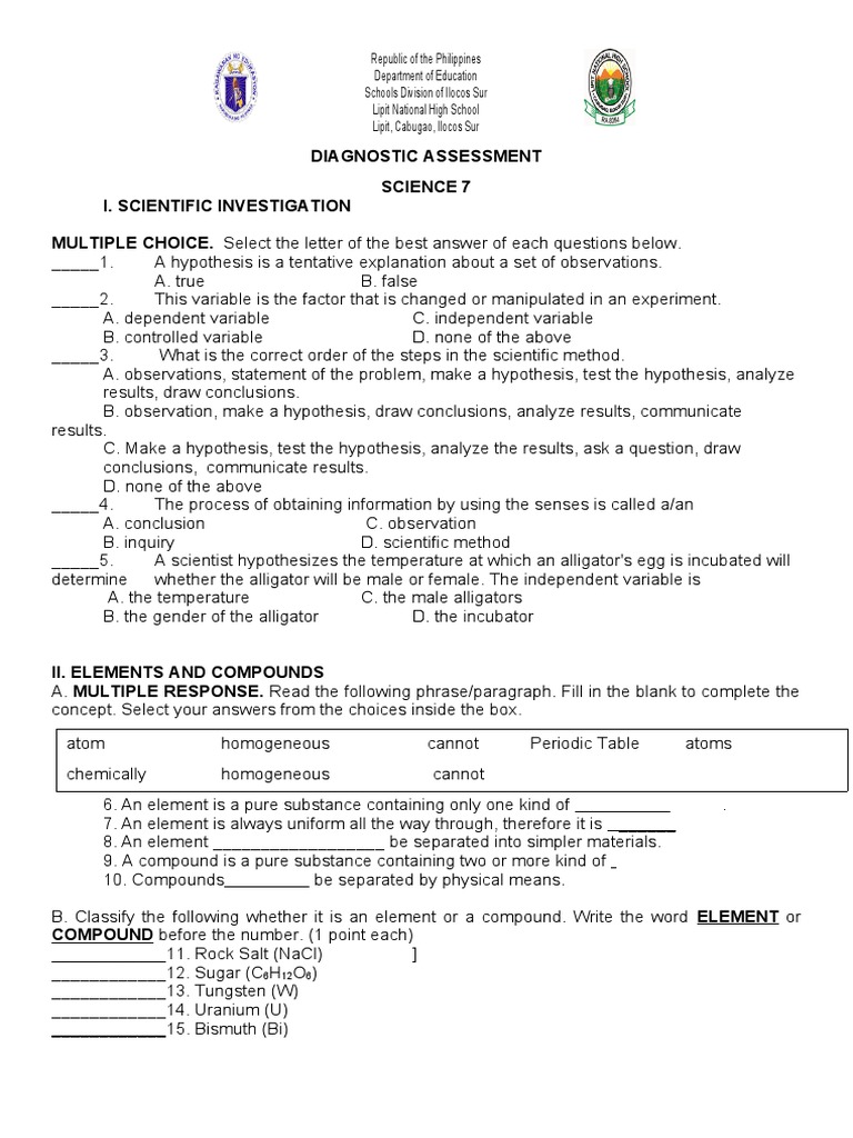 Grade 7 Science Diagnostic Assessment | PDF | Hypothesis | Scientific ...