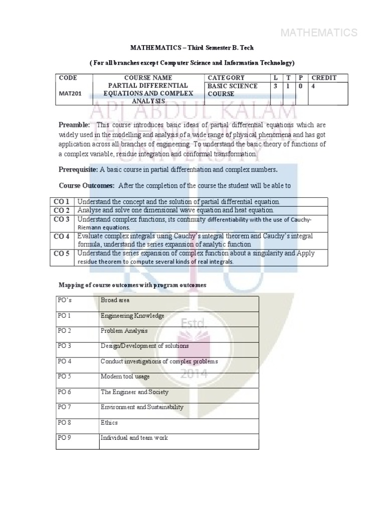 MAT 201 Syllabus | PDF | Integral | Complex Analysis