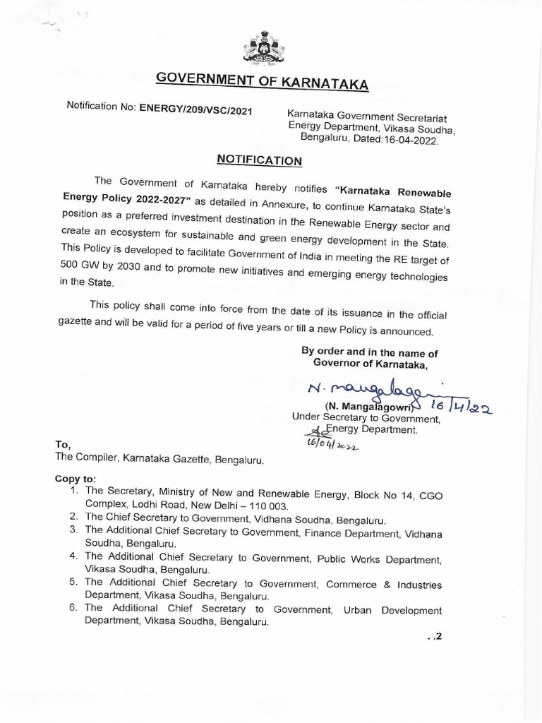 Karnataka Renewable Energy Policy 2022-27 Notification | PDF