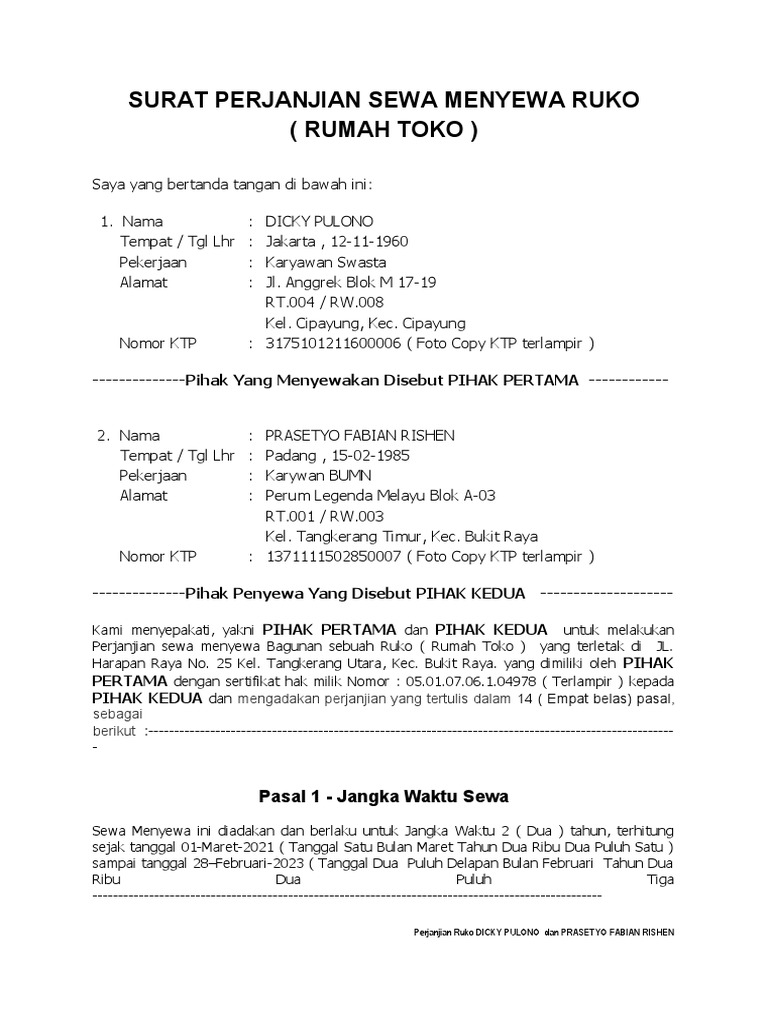 Surat Perjanjian Sewa Menyewa Ruko 19022021 | PDF