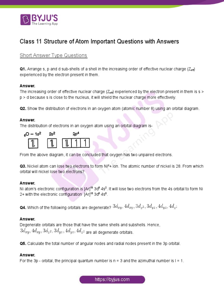 Class 11 Chemistry Chapter 2 Structure of Atom Important Questions With ...