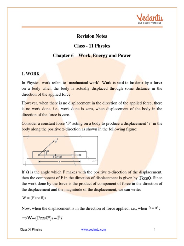 Class 11 Physics Revision Notes Work, Energy and Power | PDF ...