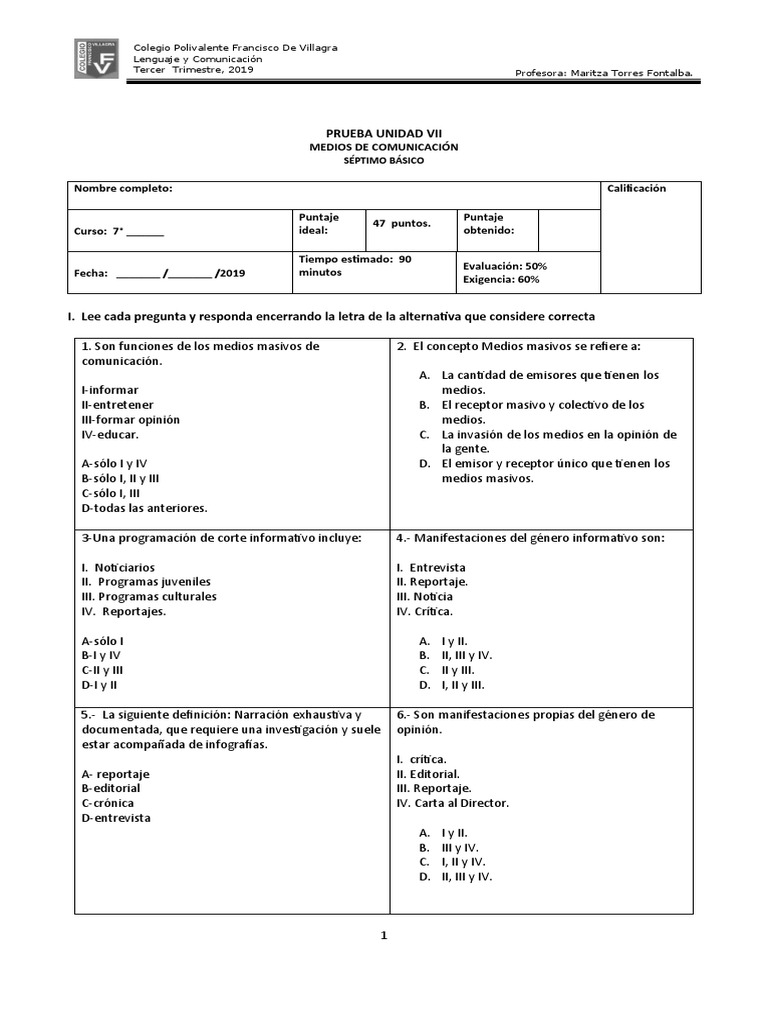 Prueba Medios Masivos de Comunicación Séptimo Básico | PDF ...