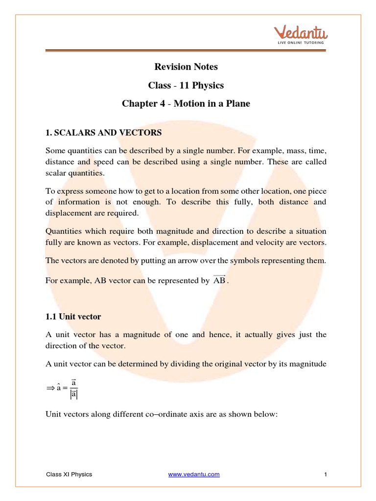 Class 11 Physics Revision Notes Motion In A Plane Pdf Euclidean Vector Acceleration