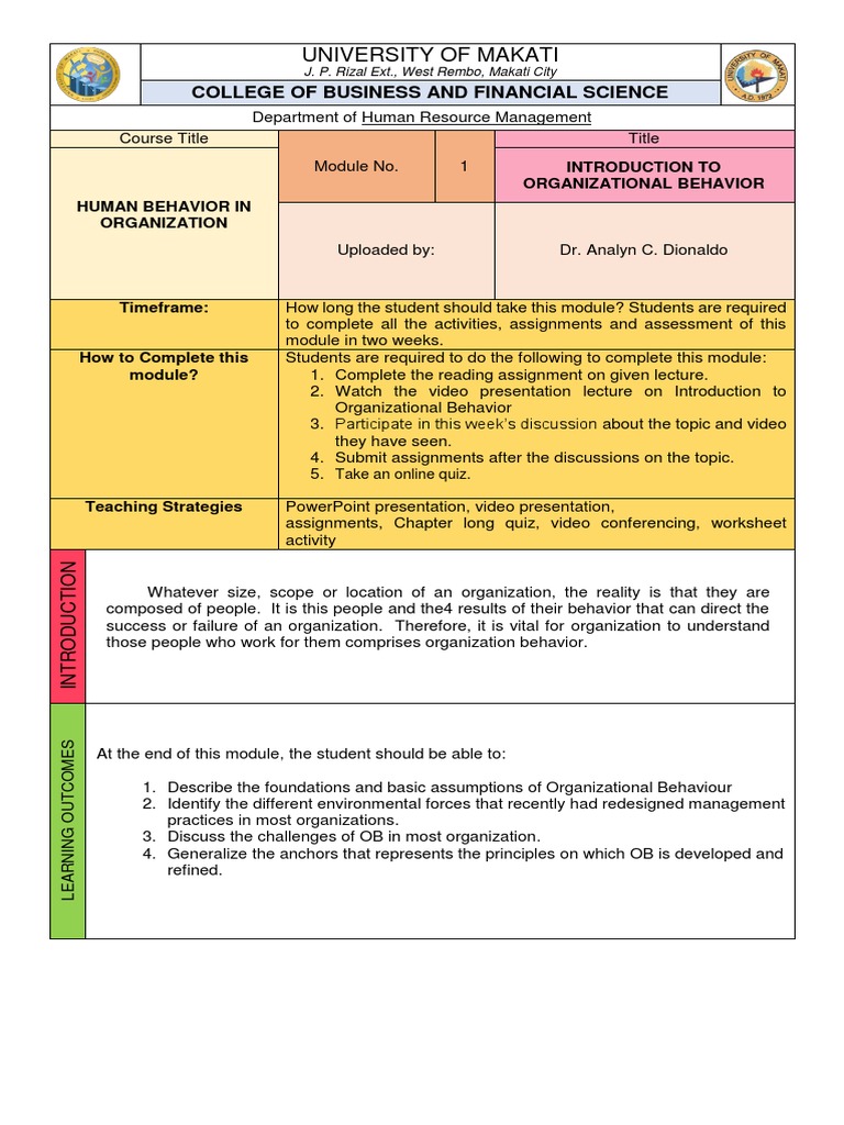 CBFS-Module 1 - Intro To OB | PDF | Organizational Behavior | Psychology