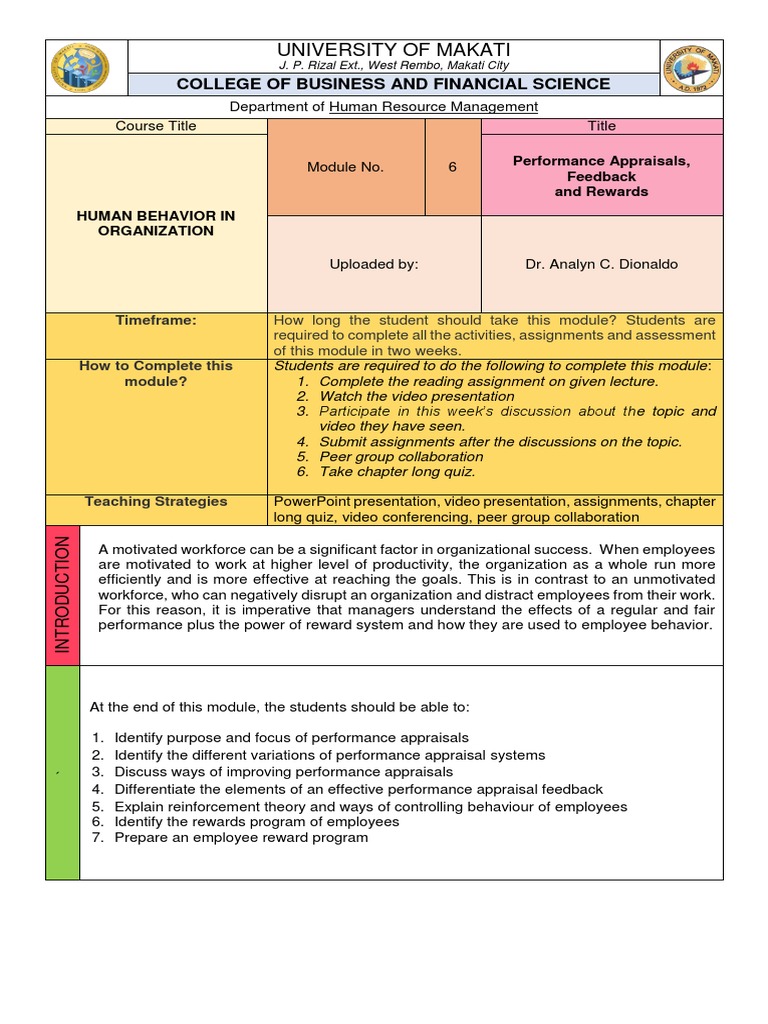CBFS-Module 5 - Performance Appraisals, Feedback | PDF | Performance Appraisal | Motivational