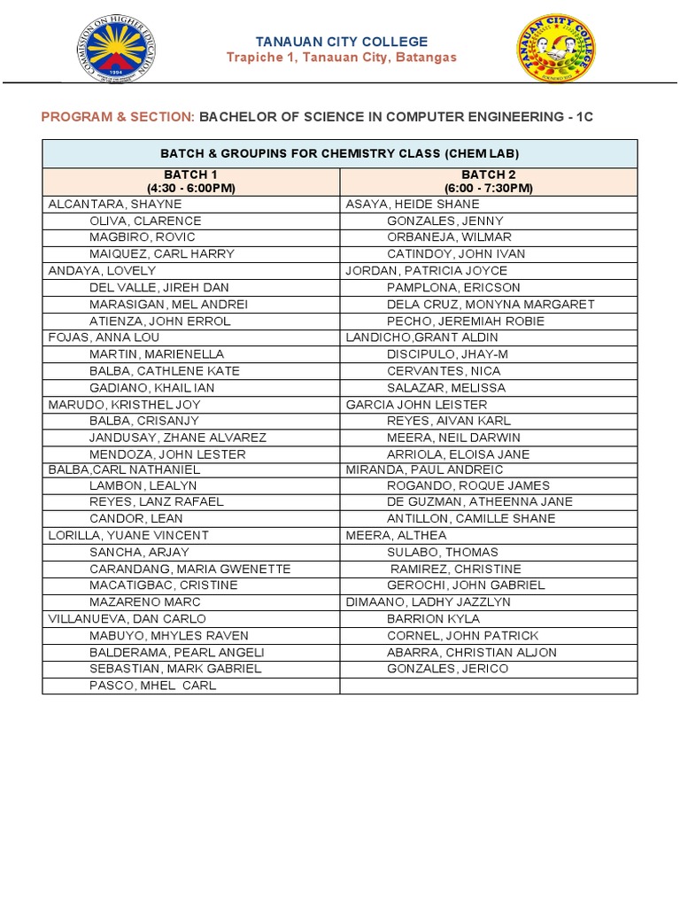 Chemistry Class Batch Assignments | PDF