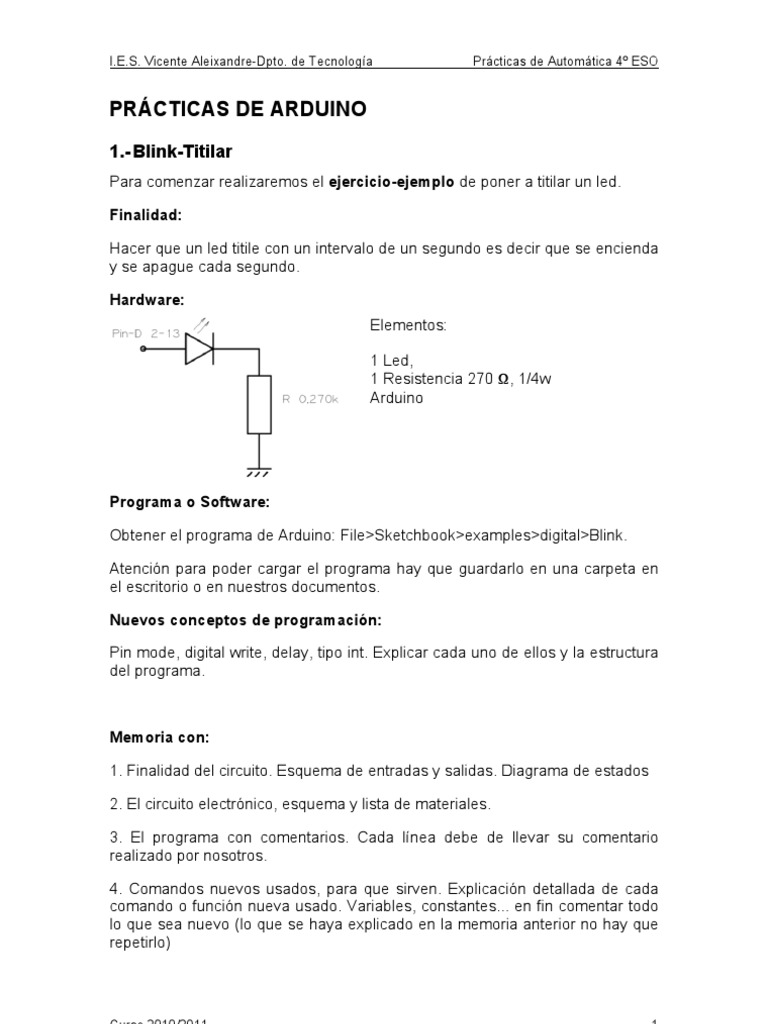 Prácticas de Arduino: 1.-Blink-Titilar | PDF | Diodo emisor de luz | Semáforo