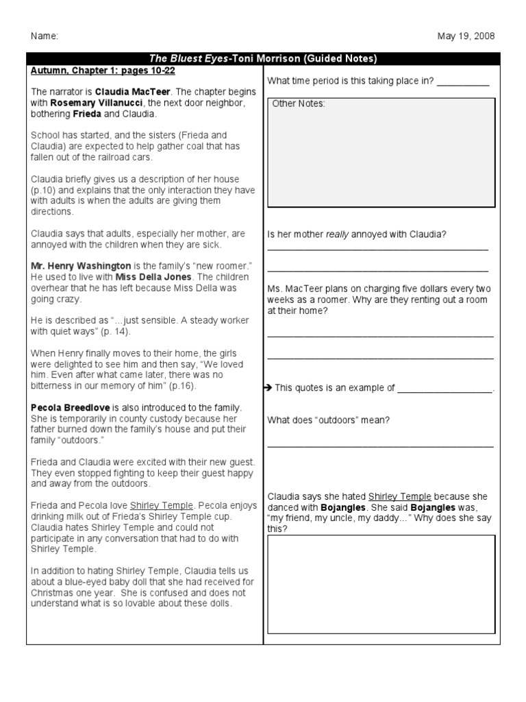 The Bluest Eyes-Toni Morrison (Guided Notes) : Autumn, Chapter 1: Pages ...