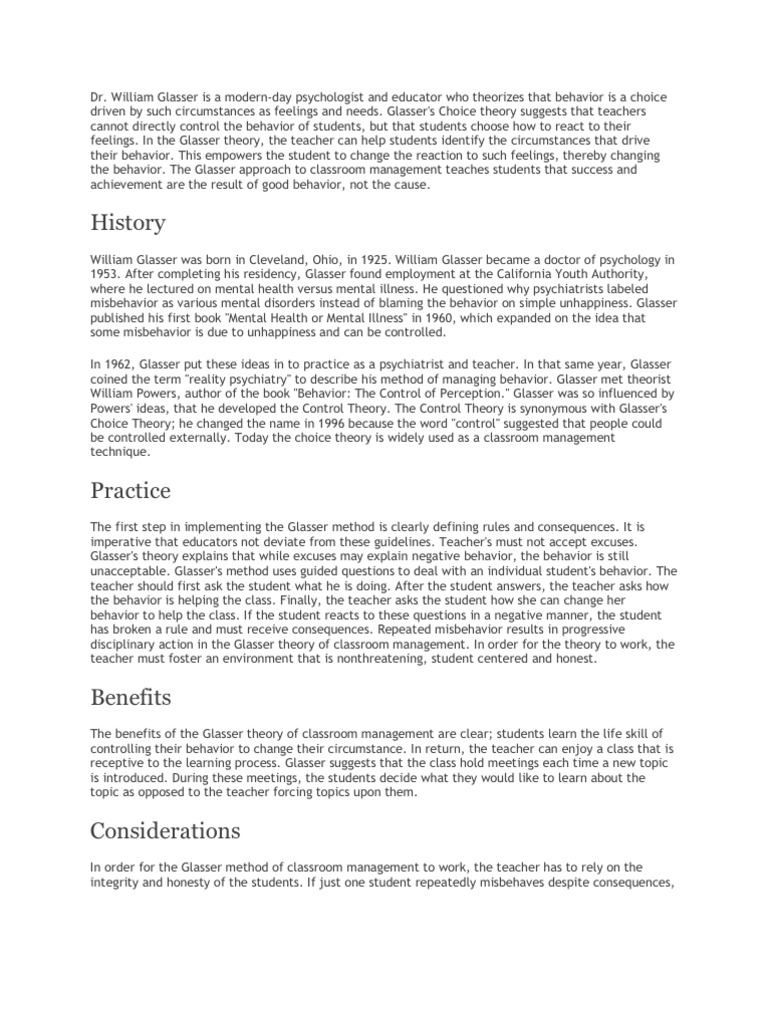 Glasser's Classroom Management Model | PDF | Self Actualization ...
