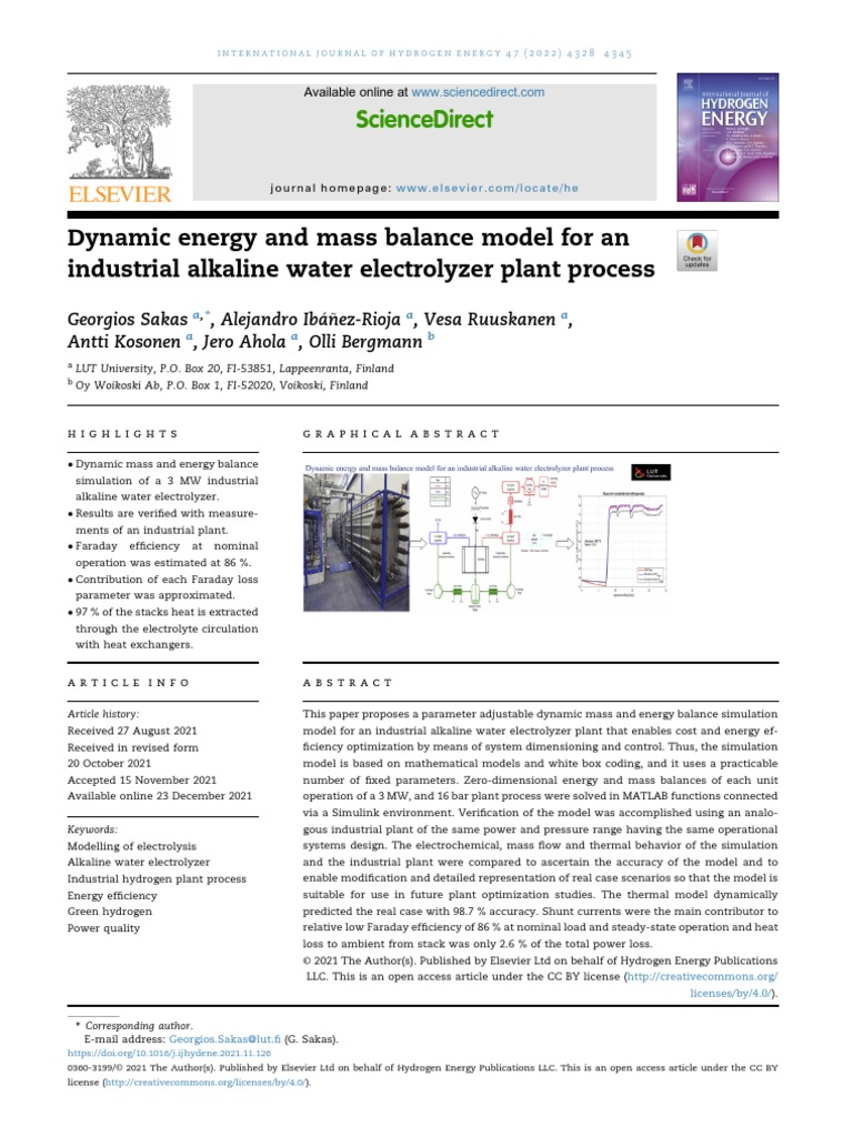 Dynamic Energy and Mass Balance Model For An Industrial Alkaline Water Electrolyzer Plant ...