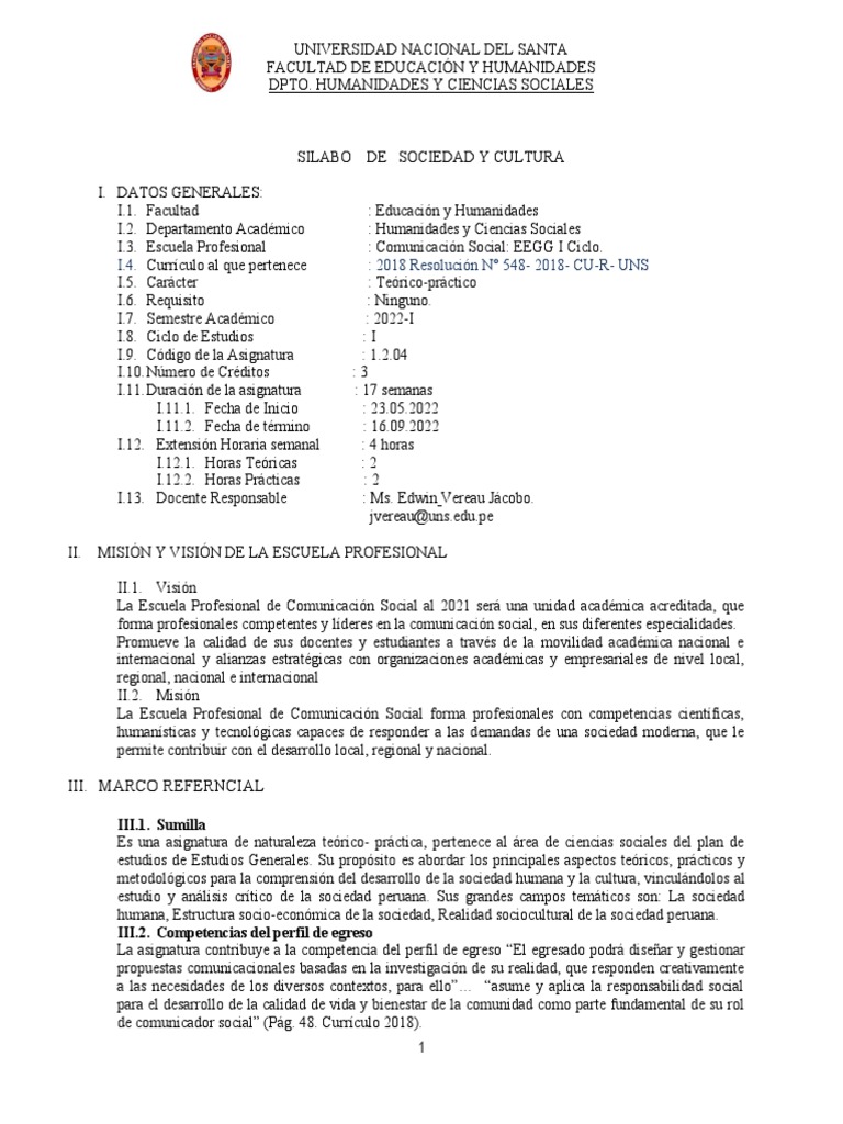 Silabo Sociedad y Cultura CCSS | PDF | Sociedad | Perú